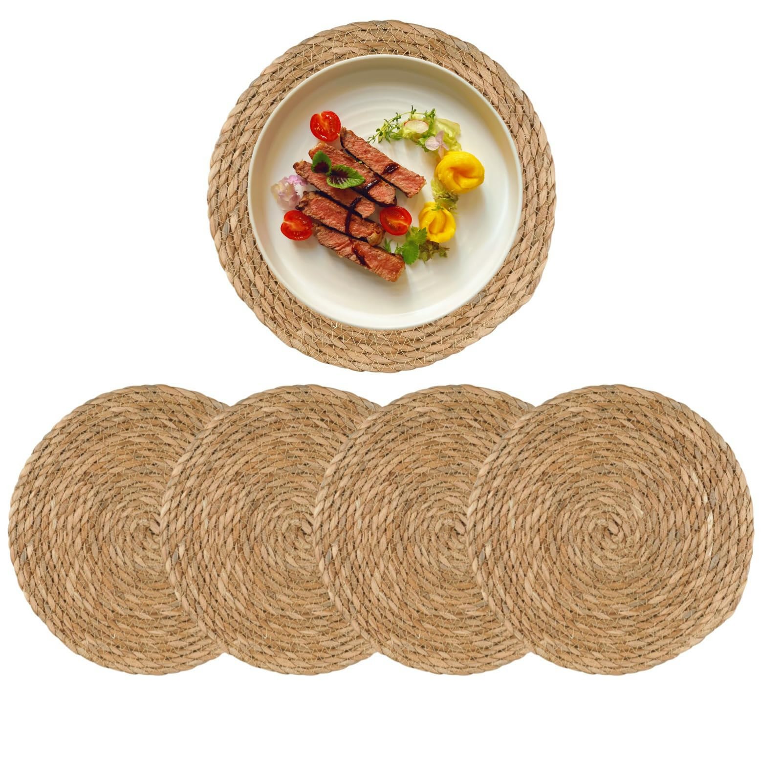 Round Woven Placemats Set of 4, 12" Boho Rattan Placemats Natural Hand-Woven Water Hyacinth Placemats, Farmhouse Weave Place Mats, Rustic Braided Wicker Table Mats for Dining Table,Home,Wedding