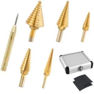 aocoom titanium-coated step drill bit set for metal, high-speed steel stepped drill set, 50 sizes with automatic center punch, includes aluminum case