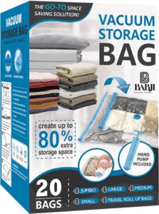 20 pack vacuum storage bags, space saver bags (4 jumbo/4 large/4 medium/4 small/4 roll) compression for comforters and blankets, sealer clothes storage, hand pump included