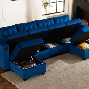 ohllob 6 Seat Modular Sectional Sofa with Storage & USB Ports, 108" Velvet Couches for Living Room, U Shaped Sofa Bed Couch, Blue