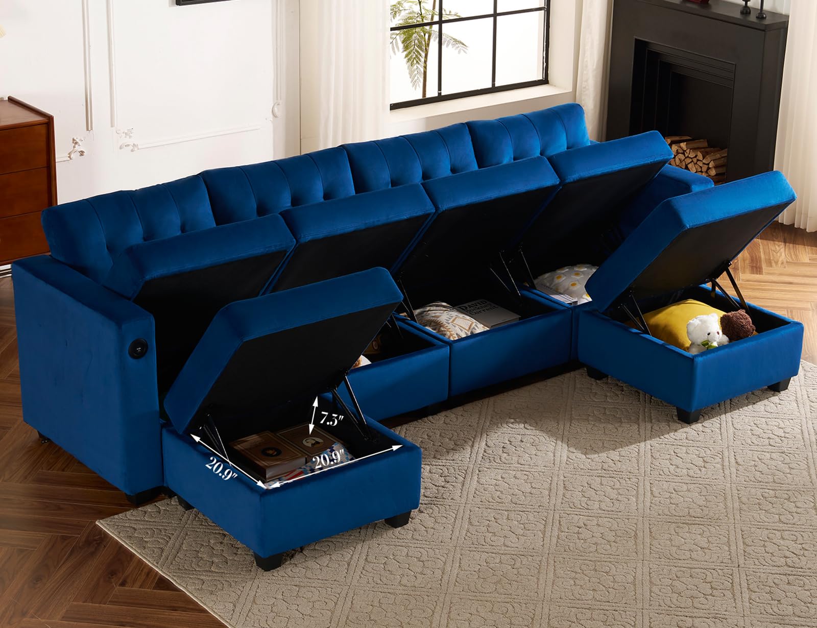 ohllob 6 Seat Modular Sectional Sofa with Storage & USB Ports, 108" Velvet Couches for Living Room, U Shaped Sofa Bed Couch, Blue