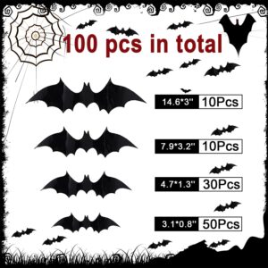 Lonfehaps 100 Pcs Bats Halloween Decoration Wall Stickers, 3D Halloween Bats Waterproof Wall Stickers 4 Size Black PVC Bat Wall Decal for Halloween Bathroom Home Decor Room Party Decor