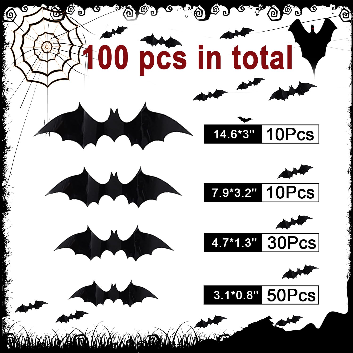 Lonfehaps 100 Pcs Bats Halloween Decoration Wall Stickers, 3D Halloween Bats Waterproof Wall Stickers 4 Size Black PVC Bat Wall Decal for Halloween Bathroom Home Decor Room Party Decor