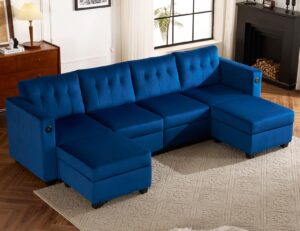 ohllob 6 seat modular sectional sofa with storage & usb ports, 108" velvet couches for living room, u shaped sofa bed couch, blue