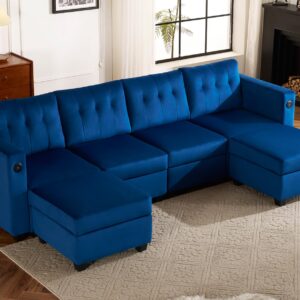 ohllob 6 Seat Modular Sectional Sofa with Storage & USB Ports, 108" Velvet Couches for Living Room, U Shaped Sofa Bed Couch, Blue