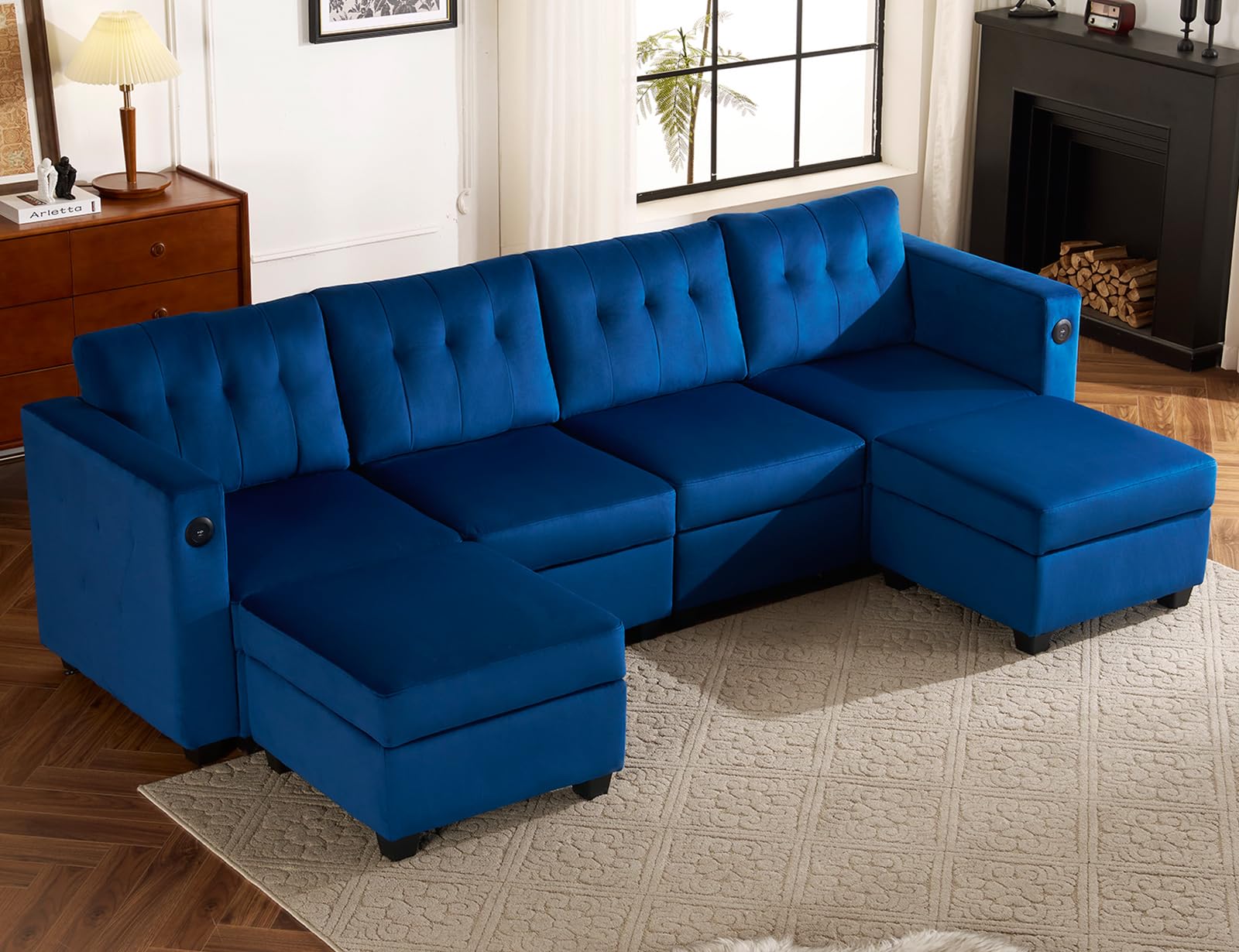 ohllob 6 Seat Modular Sectional Sofa with Storage & USB Ports, 108" Velvet Couches for Living Room, U Shaped Sofa Bed Couch, Blue