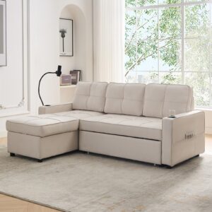 Bumblr Sleeper Sofa Couch with Pullout Bed for Living Room, Modular Sectional Sofa Bed with Storage Chaise, 3 Seater L Shape Couch with Cup Holders, USB Port and Phone Holder, Beige