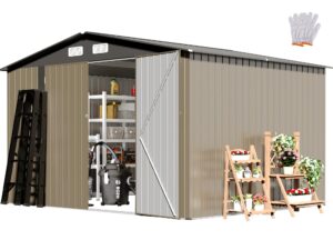 timwner large storage shed, 10' × 8' ft metal storage shed with lockable door, waterproof shed outdoor use, tool shed with windows for bike, garden, brown