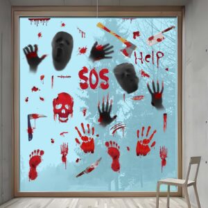 halloween window decorations, bloody handprint footprint halloween window stickers, horror footprint door mirror window horror scary halloween party decor