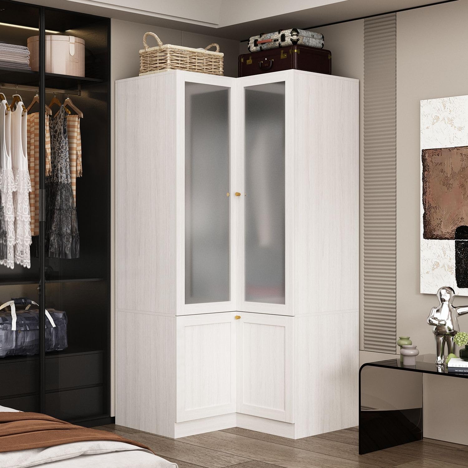 MOUMON Corner Wardrobe Closet with 2 Glass Doors, Armoire Wardrobe Closet with Hanging Rod, for Bedroom Wood Grain (16.3+19.1”W x 19.1+16.3”D x 70.9”H)