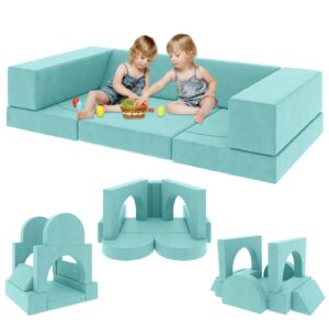 deygia modular kids play couch, 9pcs kids couch for playroom bedroom, 9 in 1 multifunctional kids sofa for playing, creativing, sleeping, indoor toddler couch for boys and girls (ice-snow blue)