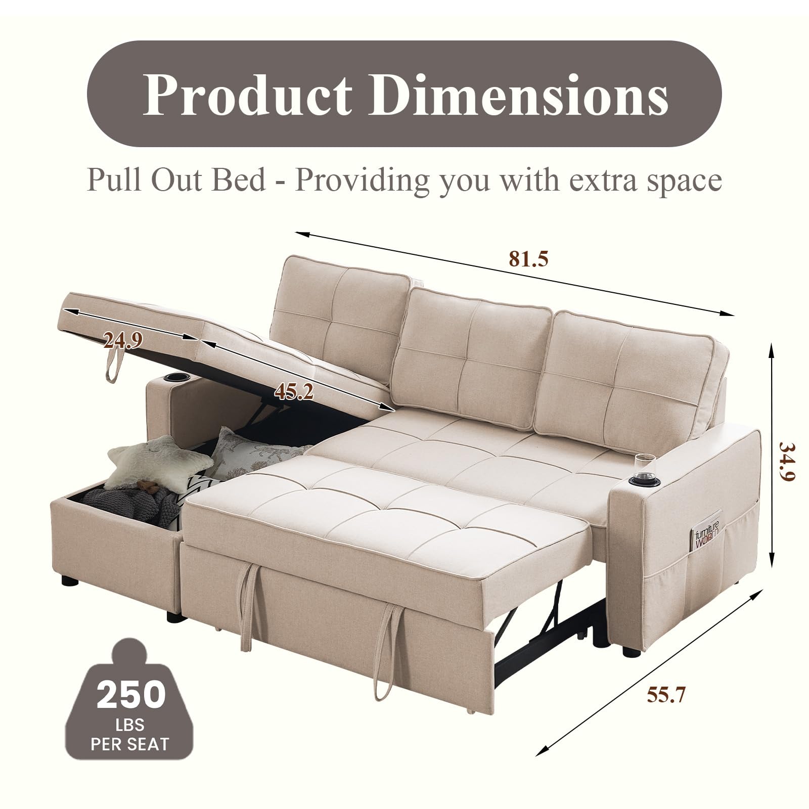 Bumblr Sleeper Sofa Couch with Pullout Bed for Living Room, Modular Sectional Sofa Bed with Storage Chaise, 3 Seater L Shape Couch with Cup Holders, USB Port and Phone Holder, Beige