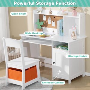 Kid's Study Desk and Chair Set for Boys & Girls – Wooden Ergonomic Design, Includes Built-In Chair Storage Bins & Bookshelf Organizer & Cork Bulletion Board, for Children Studying, Writing, Drawing