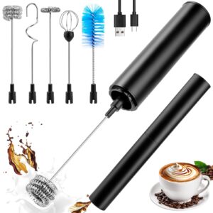 milk frother wand for coffee, coffee foamer drink mixer,handheld frother rechargeable electric whisk with 5 heads 2 speeds for latte, cappuccino, hot chocolate, egg(home and travel set black)