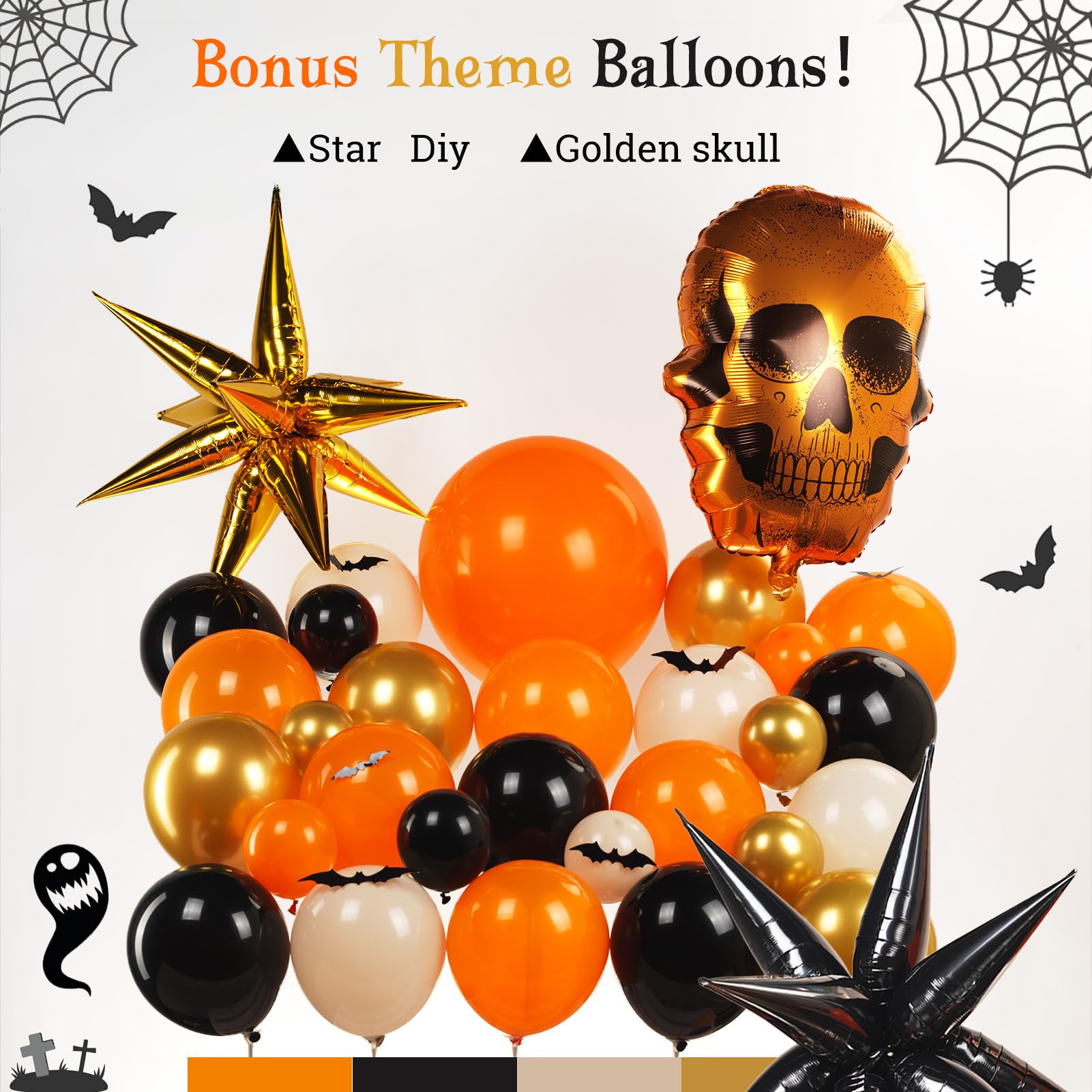 Halloween Orange Black Balloon Garland Arch Kit 117 Pcs and White Gold with Mylar Skull Star Balloons and 3D Bats for Fall Halloween Birthday Baby Shower Decorations