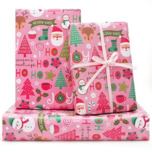 pink christmas wrapping paper, baby pink merry christmas xmas santa snowman wrapping paper with pink ribbon 7 folded sheets 28x20 inches santa wrap paper for kids girls women christmas holidays