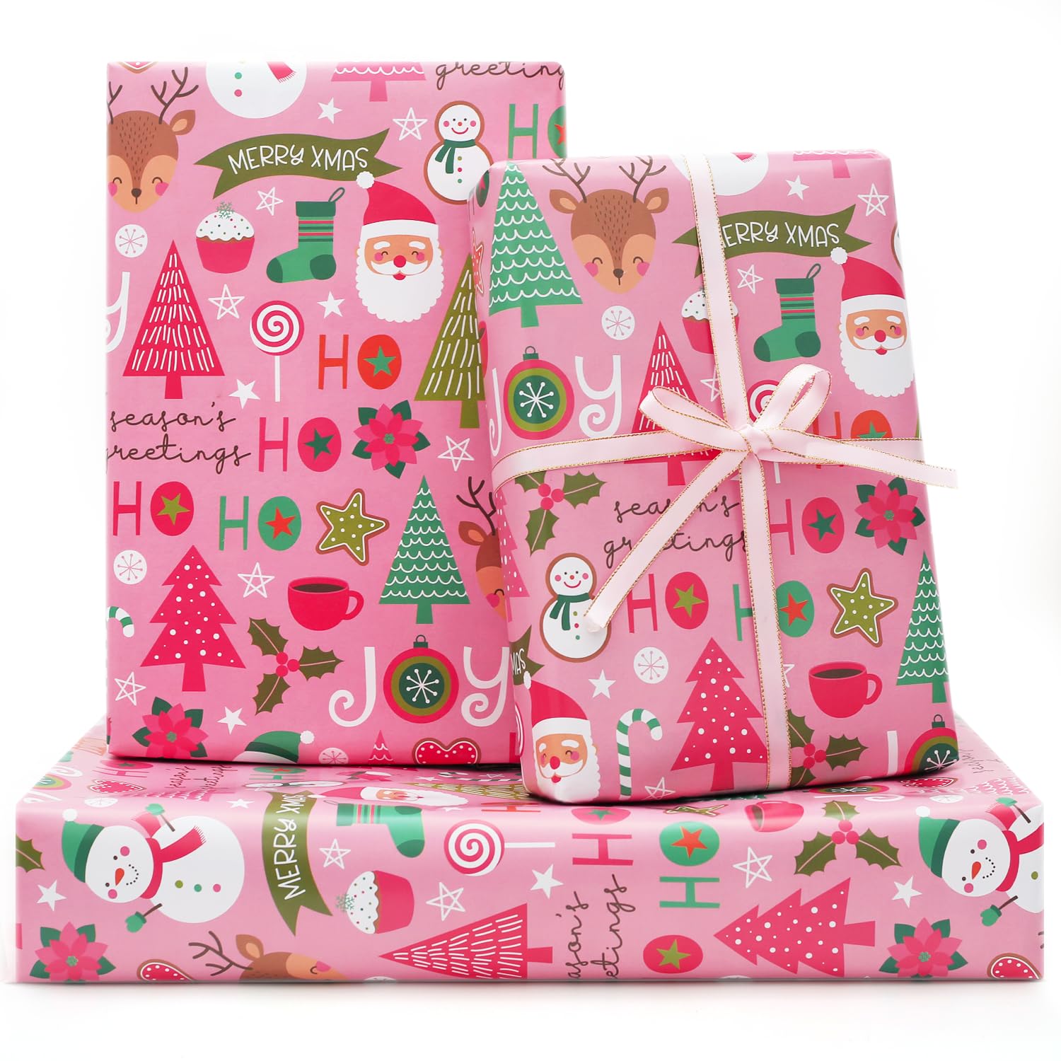 Pink Christmas Wrapping Paper, Baby Pink Merry Christmas Xmas Santa Snowman Wrapping Paper with Pink Ribbon 7 Folded Sheets 28x20 Inches Santa Wrap Paper for Kids Girls Women Christmas Holidays