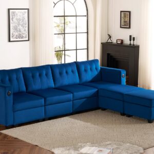 ohllob 6 Seat Modular Sectional Sofa with Storage & USB Ports, 108" Velvet Couches for Living Room, U Shaped Sofa Bed Couch, Blue