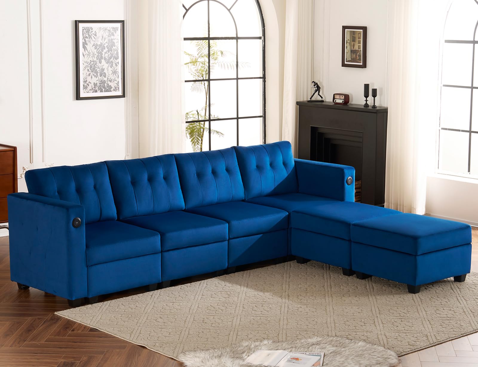 ohllob 6 Seat Modular Sectional Sofa with Storage & USB Ports, 108" Velvet Couches for Living Room, U Shaped Sofa Bed Couch, Blue