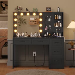 HAUOMS Farmhouse Vanity Desk with Mirror, 11 Hollywood LED Lights & Power Outlet, 43" Makeup Vanity Table with 5 Drawers, Cabinet & Shelves, 3 Color Modes, for Bedroom, Women, Black