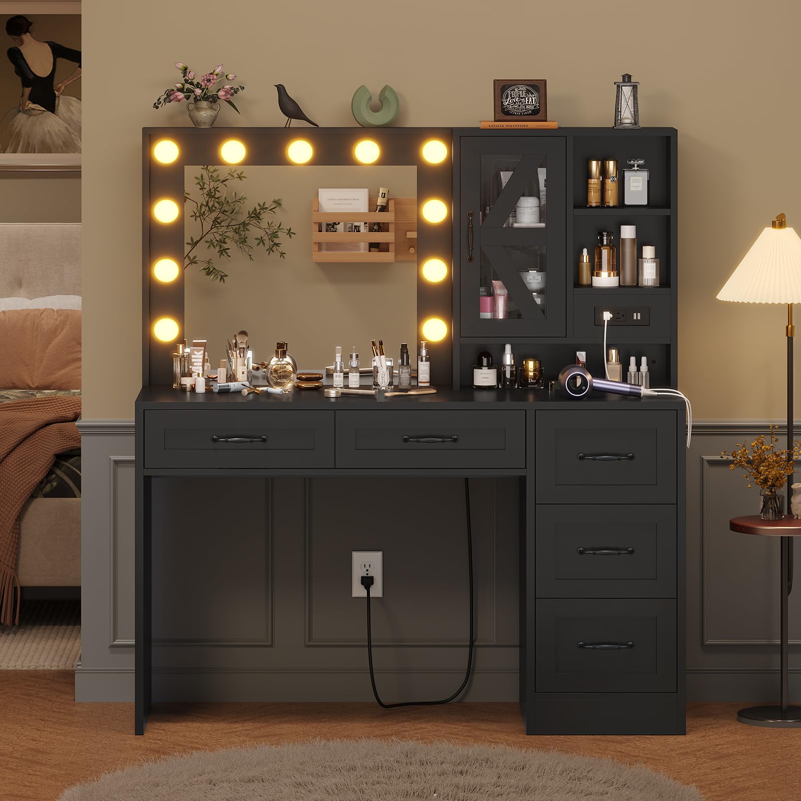 HAUOMS Farmhouse Vanity Desk with Mirror, 11 Hollywood LED Lights & Power Outlet, 43" Makeup Vanity Table with 5 Drawers, Cabinet & Shelves, 3 Color Modes, for Bedroom, Women, Black