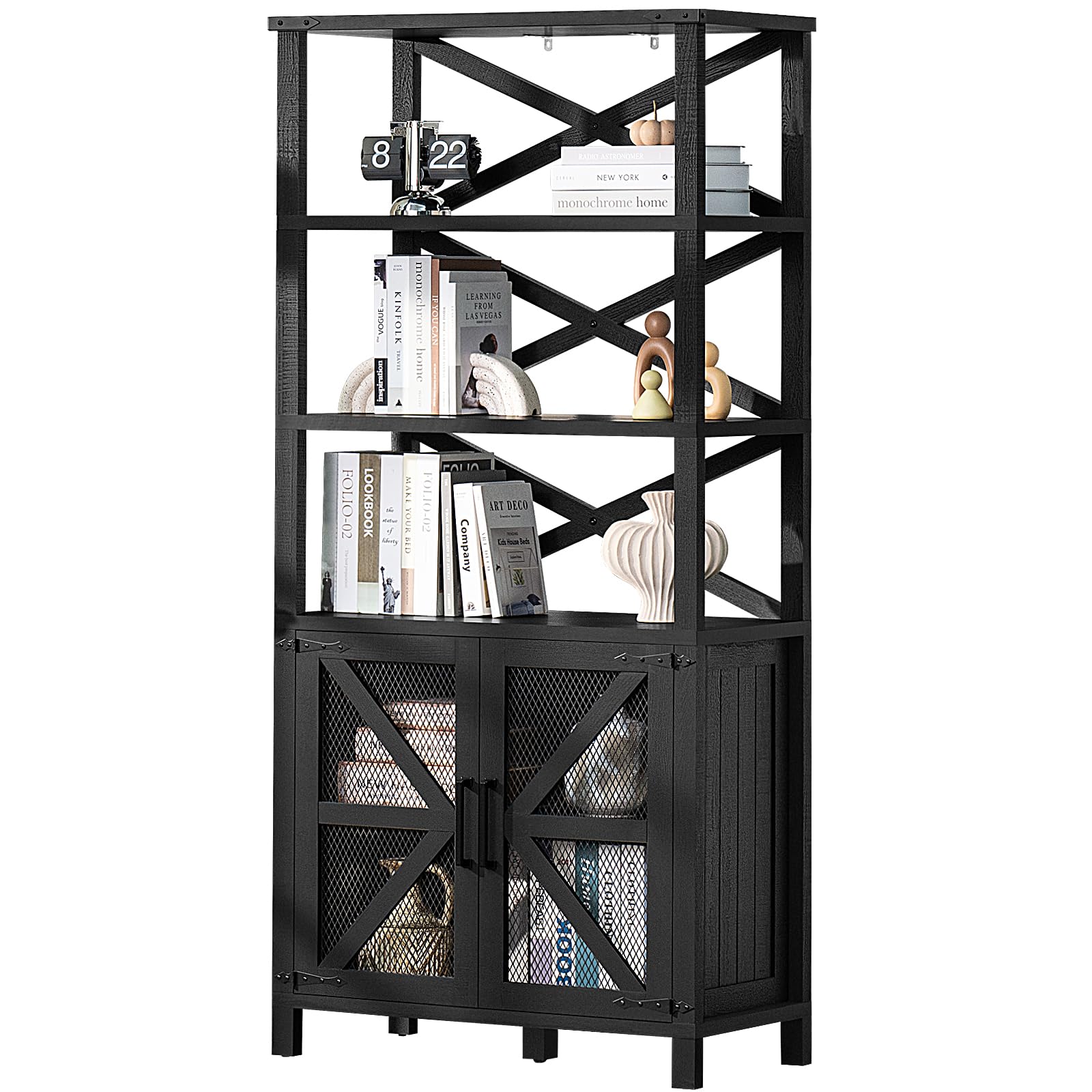 Joaxswe 5 Tier Bookshelf 70" Tall Bookcase with Barn Doors,Large Farmhouse Display Book Shelf with Adjustable Shelves and Storage Cabinet，Library Wood Bookshelves for Living Room,Kitchen,Black