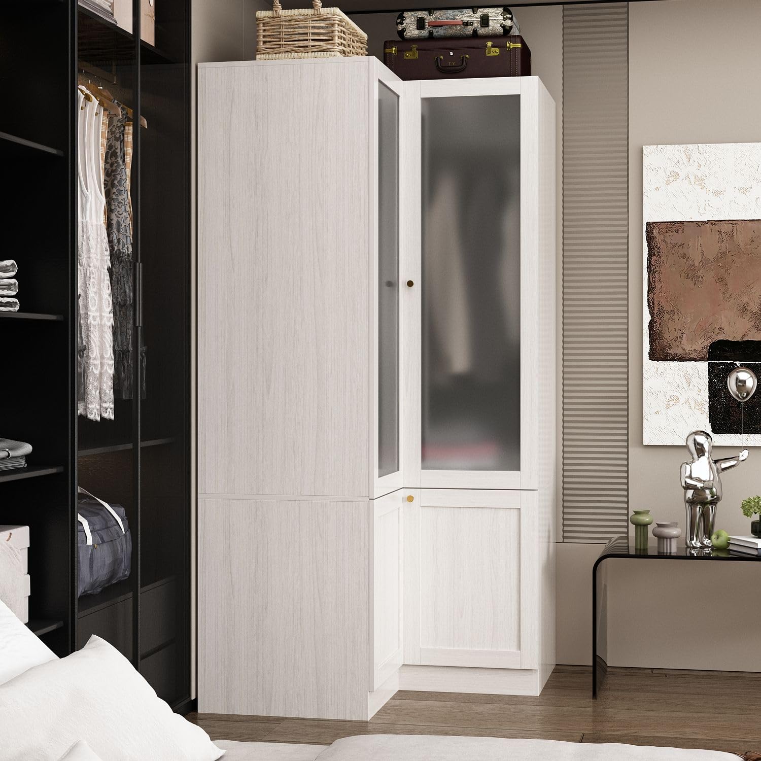 MOUMON Corner Wardrobe Closet with 2 Glass Doors, Armoire Wardrobe Closet with Hanging Rod, for Bedroom Wood Grain (16.3+19.1”W x 19.1+16.3”D x 70.9”H)