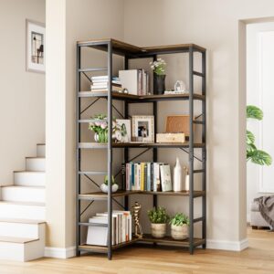 APPOLYN Corner Shelf, 5 Tiers Corner Bookshelf, Wood and Metal Bookcase Storage Shelf, Tall Corner Cabinet for Living Room, Bedroom, Home Office and Kitchen