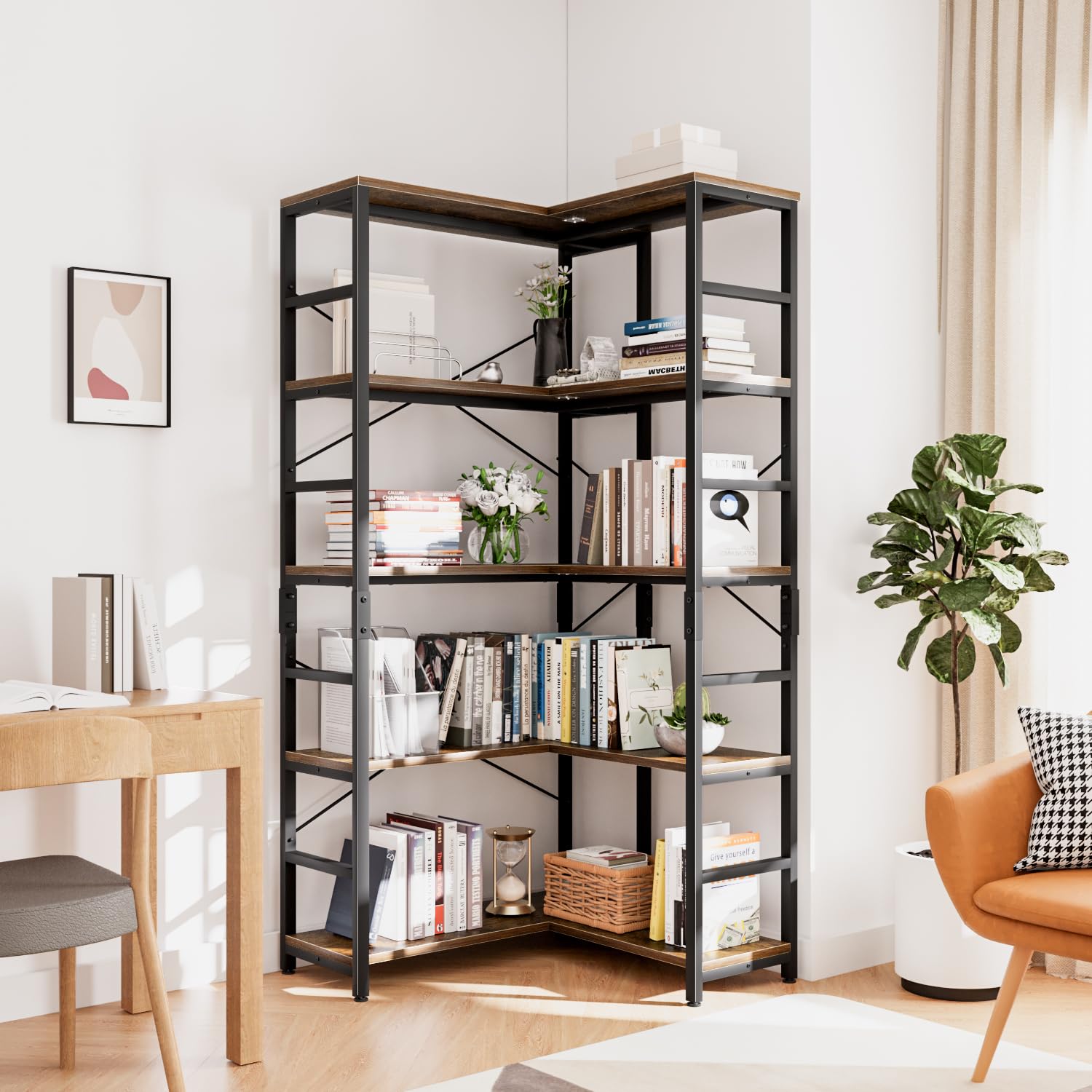 APPOLYN Corner Shelf, 5 Tiers Corner Bookshelf, Wood and Metal Bookcase Storage Shelf, Tall Corner Cabinet for Living Room, Bedroom, Home Office and Kitchen