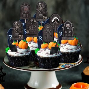 48 Pcs Halloween Cupcake Toppers - Tombstones Graveyard Cake Topper, Halloween Cake Decorations with Mini Shovel Spoons, 8 Designs Halloween Cupcake Picks for Kids Birthday Halloween Party Decorations