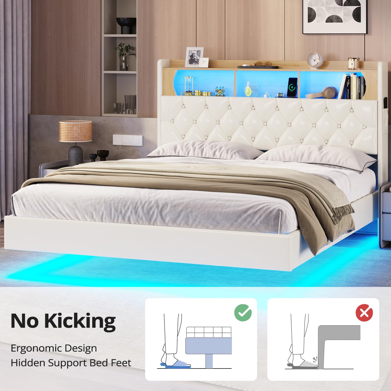 BTHFST Queen Floating Bed Frame with Storage Headboard & LED Lights & Charing Sation, Upholstered Headboard RGB LED Floating Bed with USB-C/A Charging Station, No Box Spring Needed, PU White