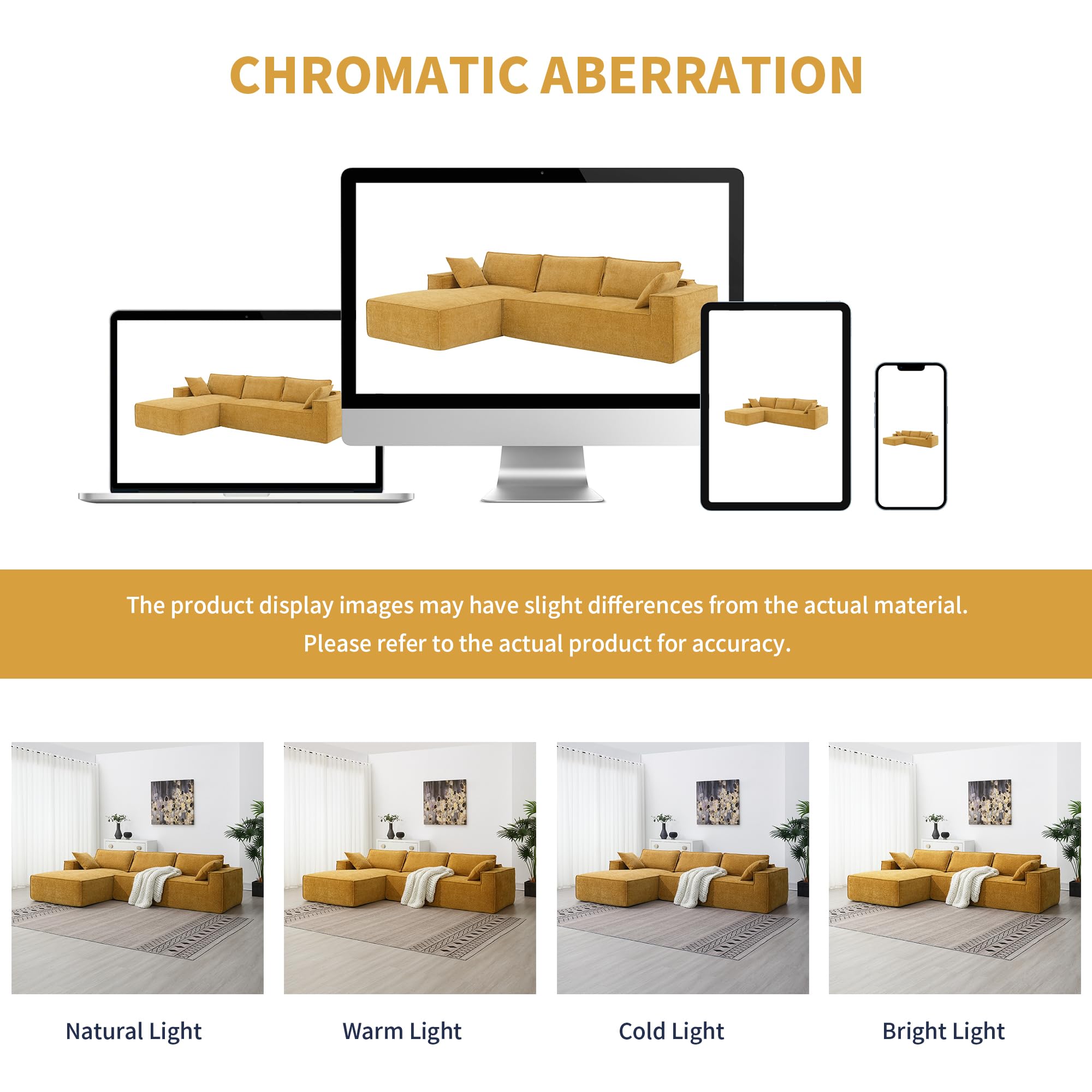 Modern L-Shaped Convertible Sectional Sofa, Modular Couch Set with Cushions, 4-Seat Sleeper Bed with Chaise for Living Room Yellow