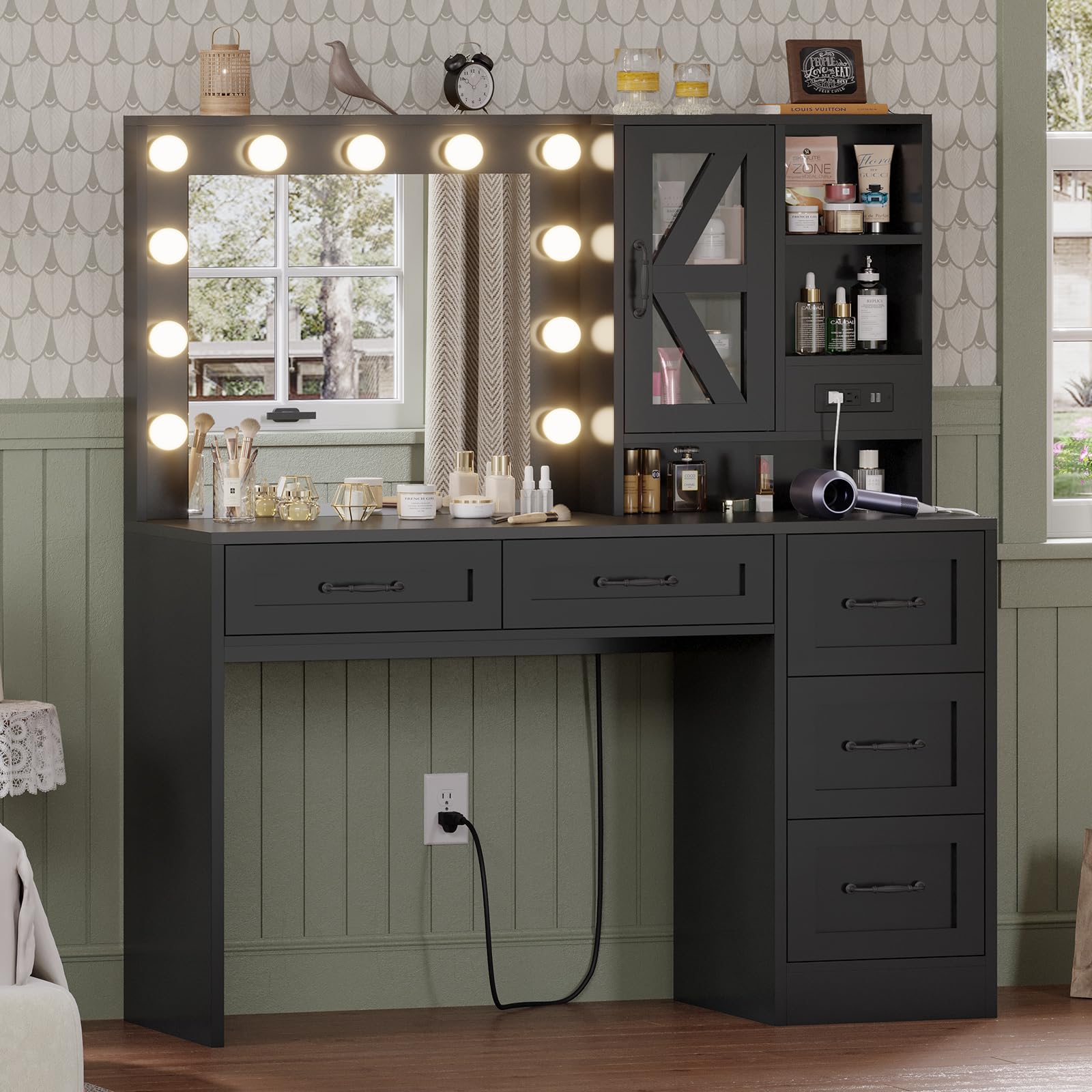 HAUOMS Farmhouse Vanity Desk with Mirror, 11 Hollywood LED Lights & Power Outlet, 43" Makeup Vanity Table with 5 Drawers, Cabinet & Shelves, 3 Color Modes, for Bedroom, Women, Black