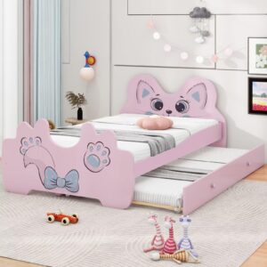 merax children cat-shaped platform bed with trundle, wooden bedframe, no box spring needed, twin size, pink