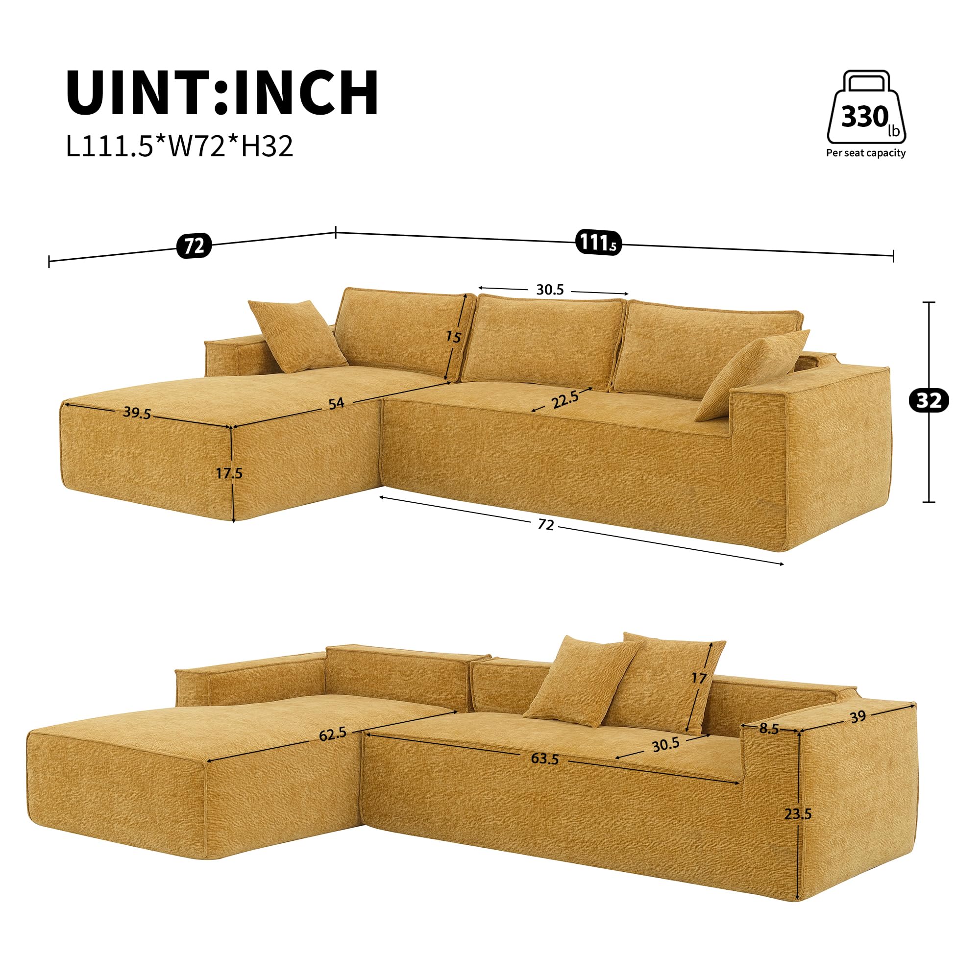 Modern L-Shaped Convertible Sectional Sofa, Modular Couch Set with Cushions, 4-Seat Sleeper Bed with Chaise for Living Room Yellow