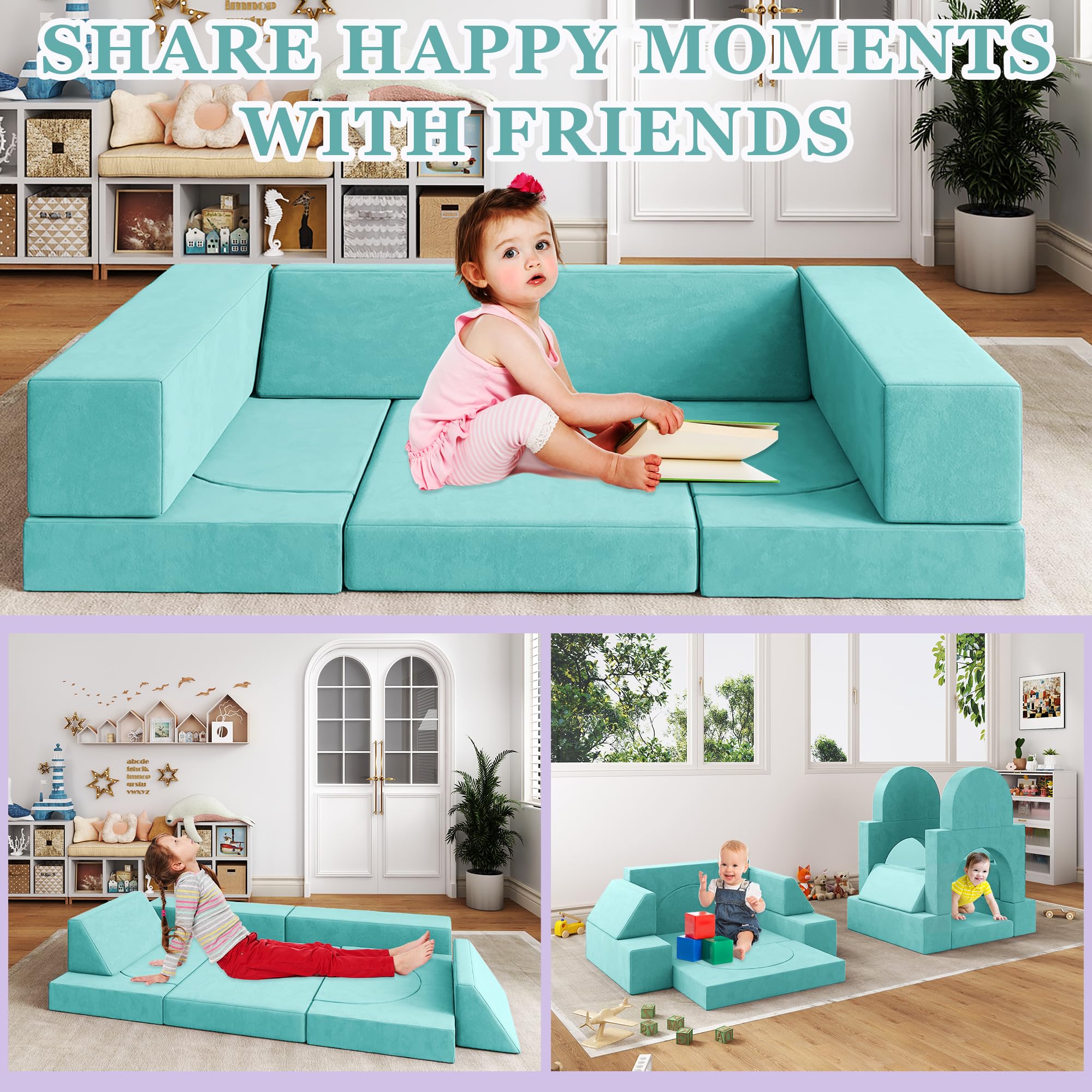 DEYGIA Modular Kids Play Couch, 9PCS Kids Couch for Playroom Bedroom, 9 in 1 Multifunctional Kids Sofa for Playing, Creativing, Sleeping, Indoor Toddler Couch for Boys and Girls (Ice-Snow Blue)