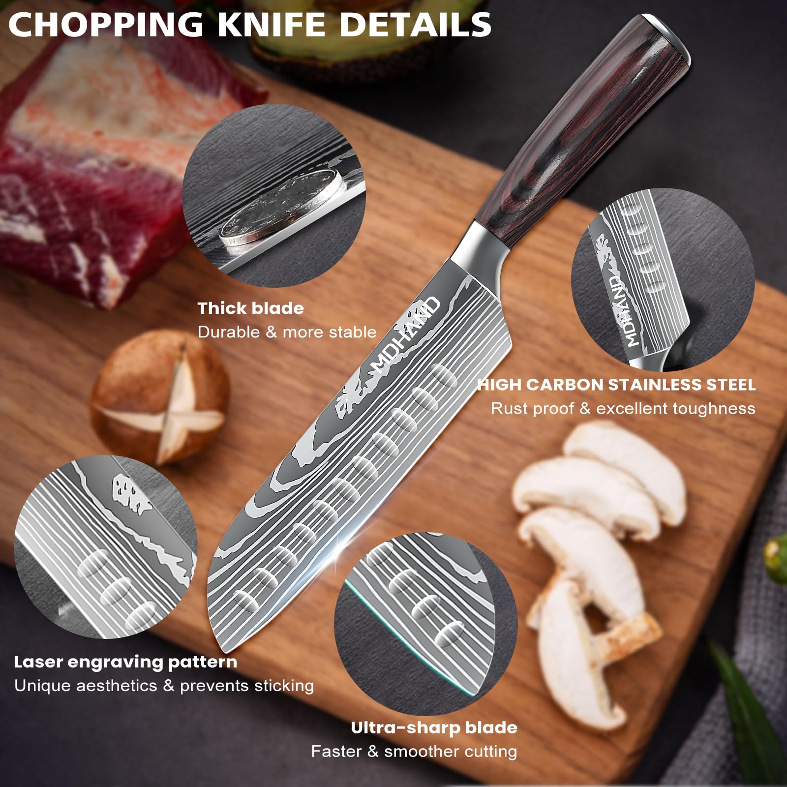 MDHAND 7" Santoku Knife – Ultra Sharp Japanese Chef Knife - Forged High Carbon German Stainless Steel Chopping Knife with Ergonomic Pakkawood Handle Design, Gifts for Women and Men