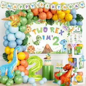 fiesec two rex birthday decorations boy, dinosaur party decorations 2 year old boy, 2nd birthday decorations for boys, backdrop banner balloon cake cupcake topper boxes cutout poster 138 pcs