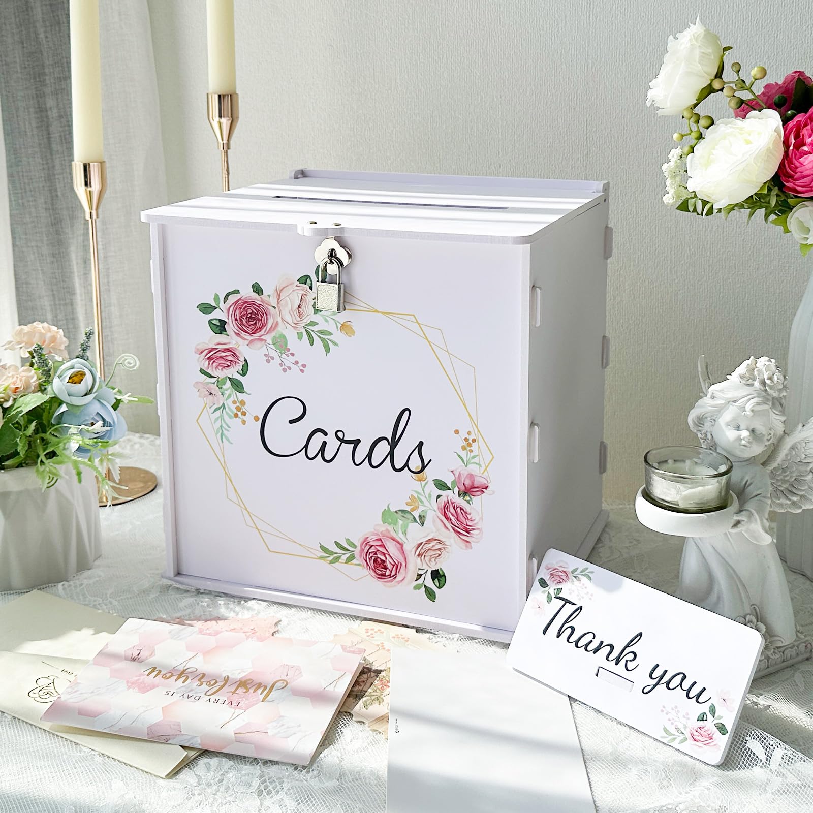 GUDELAK White Wedding Card Box with Lock, PVC Gift Card Box for Wedding Decorations, Money Index Card Box for Party Reception Anniversary Honeymoon Fund Bridal Baby Shower