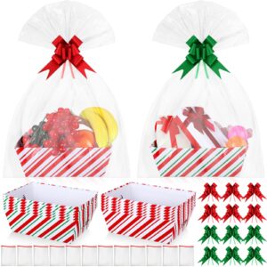 12 pcs christmas basket for gifts empty kit 9.8 x 8.3'' red green candy stripes cardboard basket to fill bulk with handle shrink wrap bags, pull bow, raffle gift for holiday xmas decorations