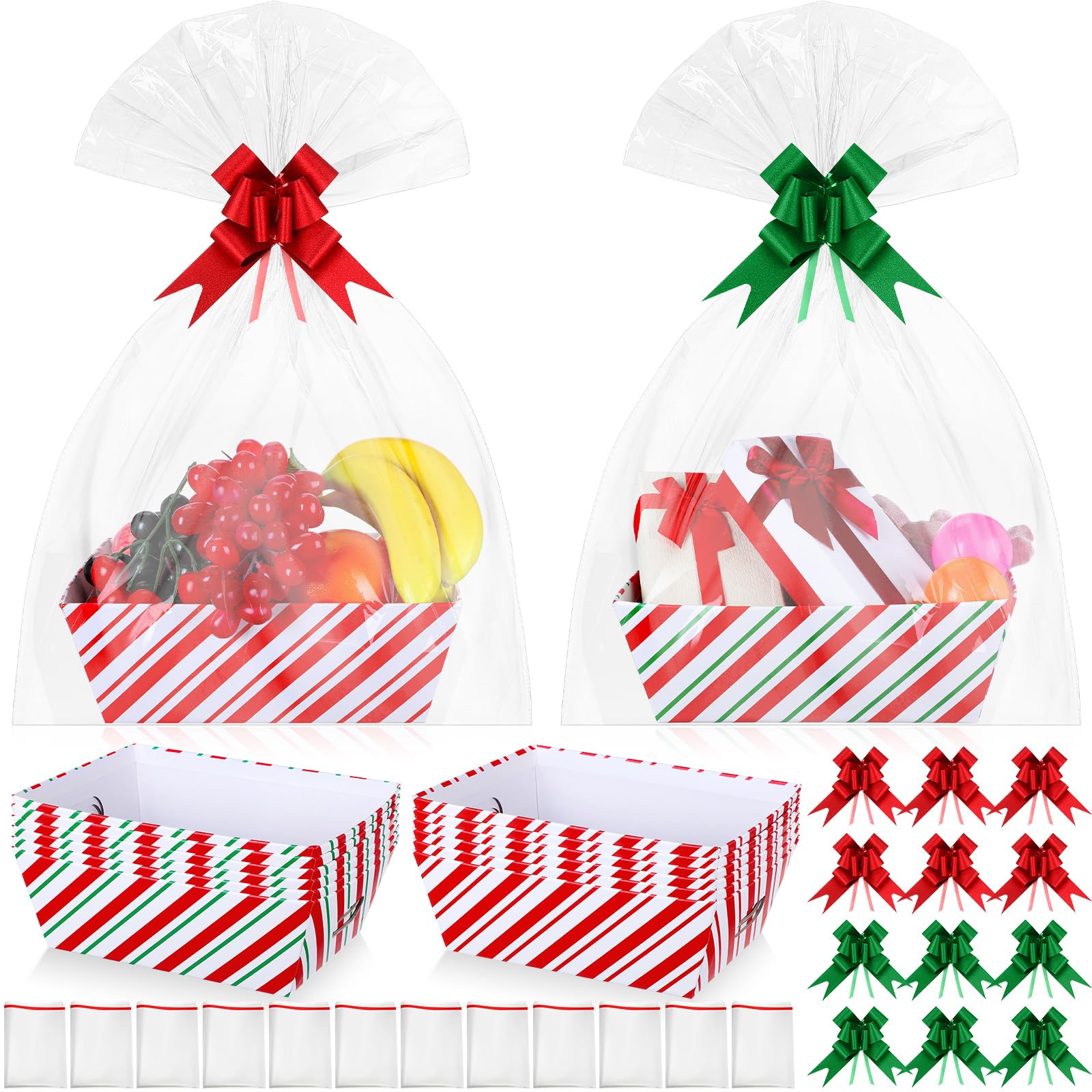 12 Pcs Christmas Basket For Gifts Empty Kit 9.8 x 8.3'' Red Green Candy Stripes Cardboard Basket to Fill Bulk with Handle Shrink Wrap Bags, Pull Bow, Raffle Gift for Holiday Xmas Decorations