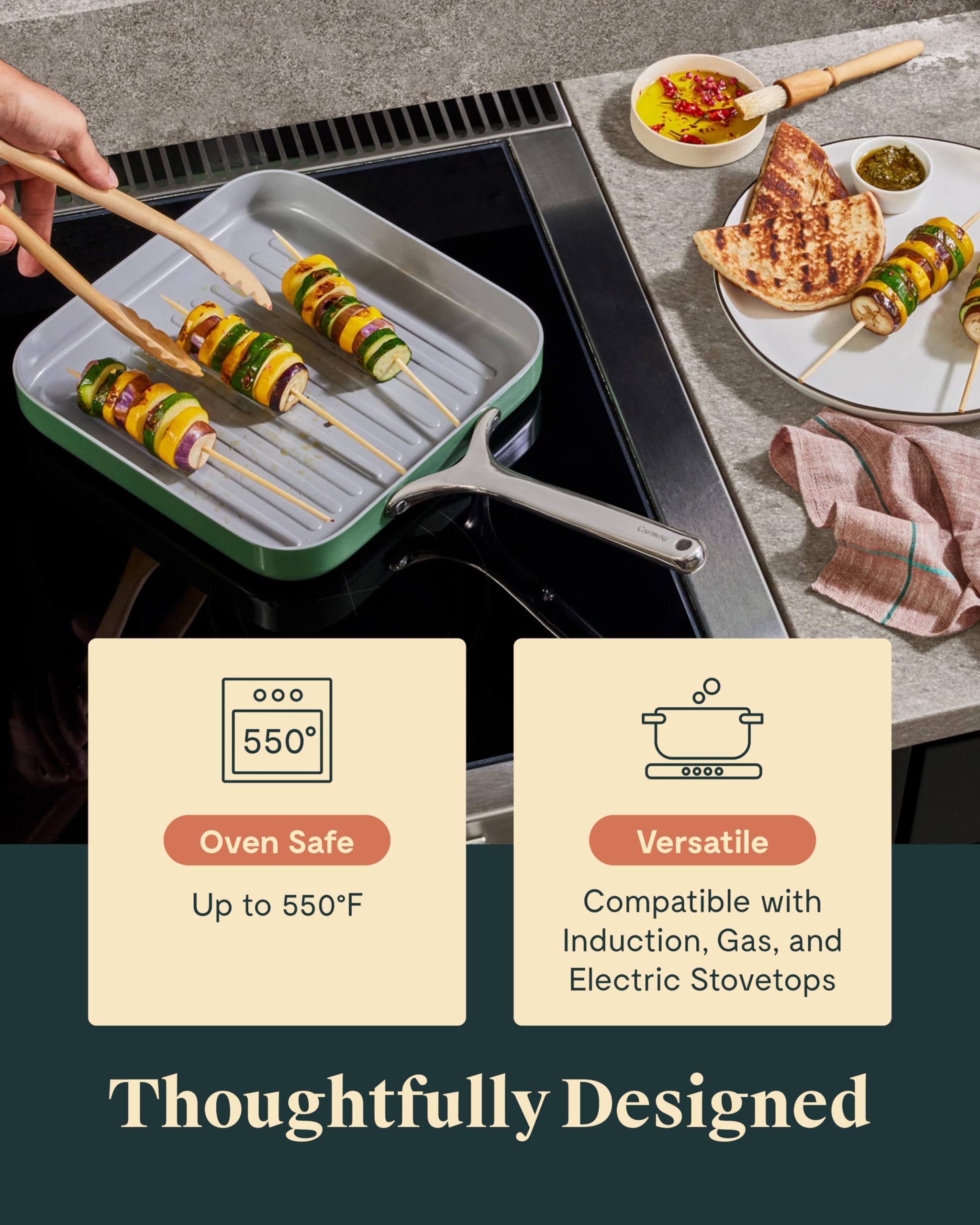 Caraway Griddle Pan & Grill Pan Duo - Non-Stick Ceramic Coated - Non Toxic, PTFE & PFOA Free - Oven Safe & Compatible with All Stovetops – Gray