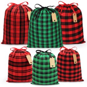 shintop fabric christmas drawstring gift bags, 6pcs buffalo plaid xmas sacks with gift tags reusable cloth holiday wrapping for party presents(red, green)