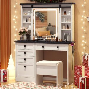 vowner farmhouse makeup vanity desk with sliding lighted mirror & power outlet, vanity table set with hidden shelves & 5 drawers & storage stool for bedroom