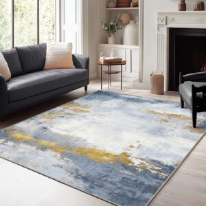 capaloca washable rugs 5x7 - modern abstract area rugs for living room, non slip low pile foldable print rug for bedroom dining room office light blue gold