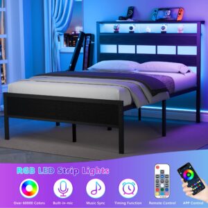 Furnulem Full Size Bed Frame with LED Light and Charging Station, Storage Headboard with 2-Tier Shelves, Metal Platform Bed with Heavy Duty Slats Support, No Box Spring Needed, Black Oak