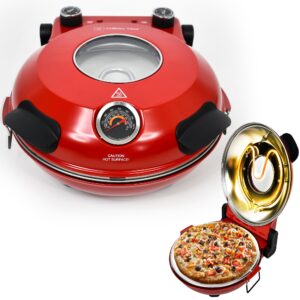 culinary chef electric pizza oven with ceramic stone, viewing window, adjustable heat control, timer and 1200w baking power, diy homemade pizzeria, large 12” pie capacity (red)