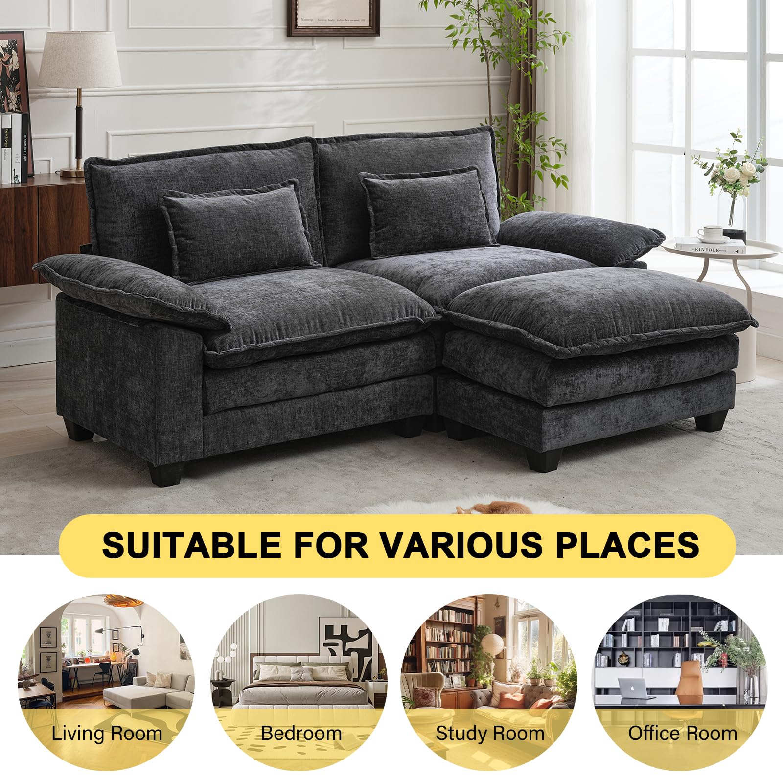 Generic DUNELLA 88.9"" Cloud Couch Sectional Couches for Living Room, Modular Chenille Sectional Sofa with Ottoman and Pillows, Modern Comfy Deep Seat Sleeper Sofa (Black, 3 Seat)