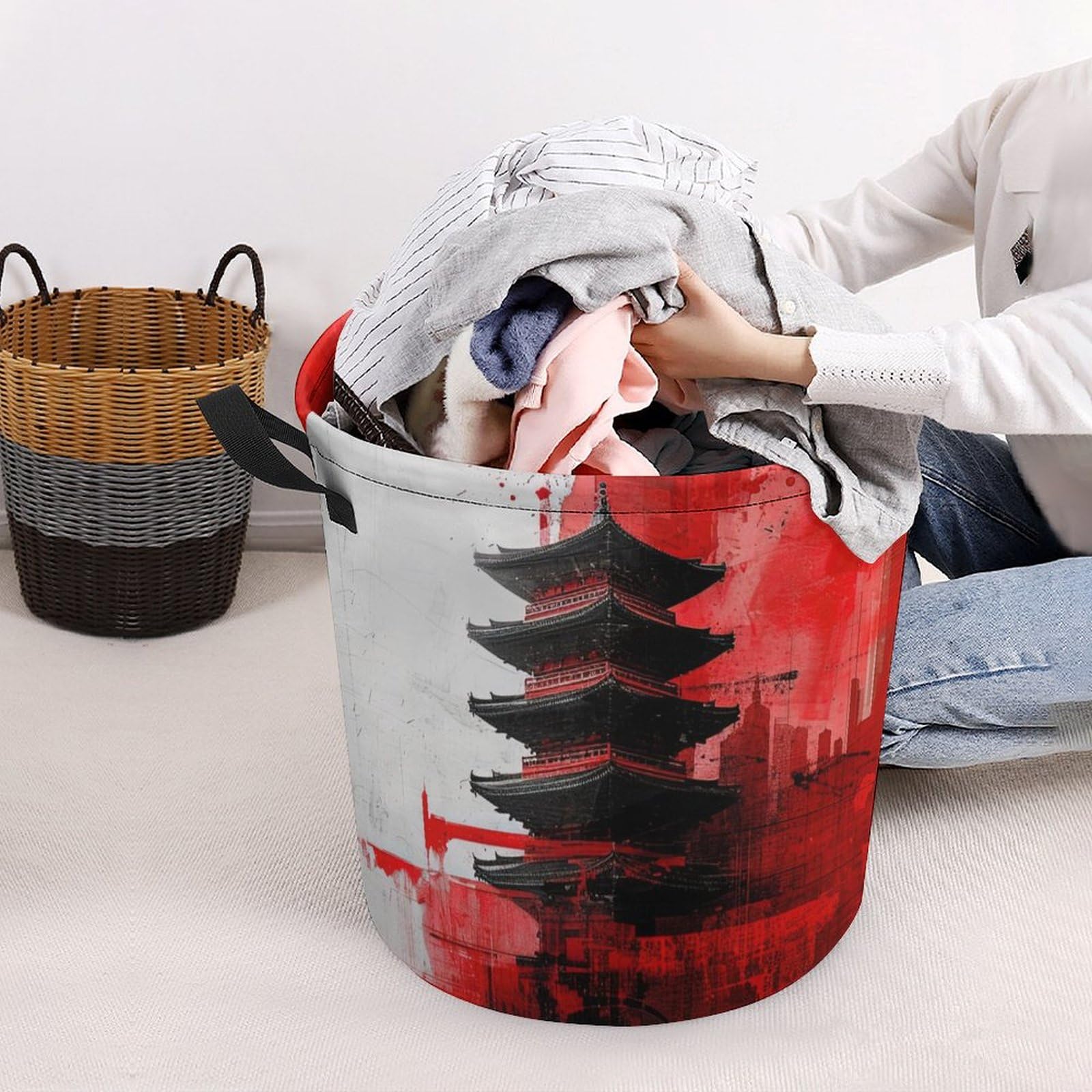 Japanese Laundry Basket, Nature Landscape Collapsible Laundry Hamper, Waterproof Oxford Cloth Laundry Bag with Handles, Pavilion Clothes Toy Organizer Basket for Room