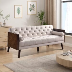 ebello 70 inch futon sofa bed, convertible 2 in 1 love seat sleeper sofa with 2 throw pillows, soft chenille tufted folding couch sofa for small space living room, bedroom, apartment, office, beige